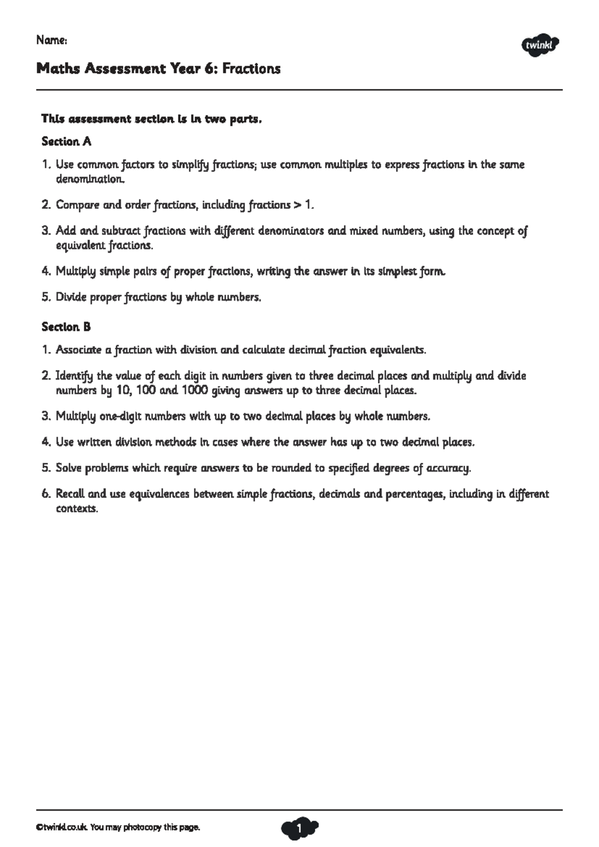 Maths Assessment Year 6: Fractions Practice Test - Studocu