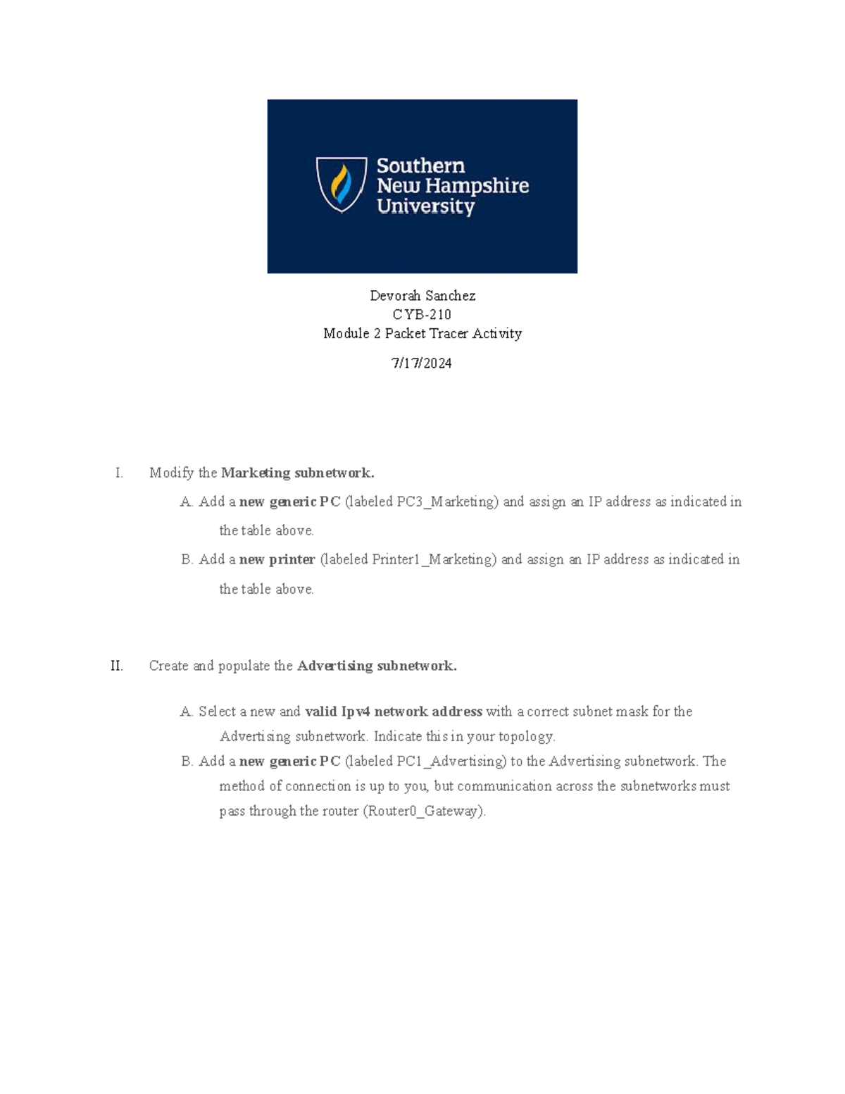 CYB 210 Module Two Packet Tracer Activity by Devorah Sanchez - Studocu