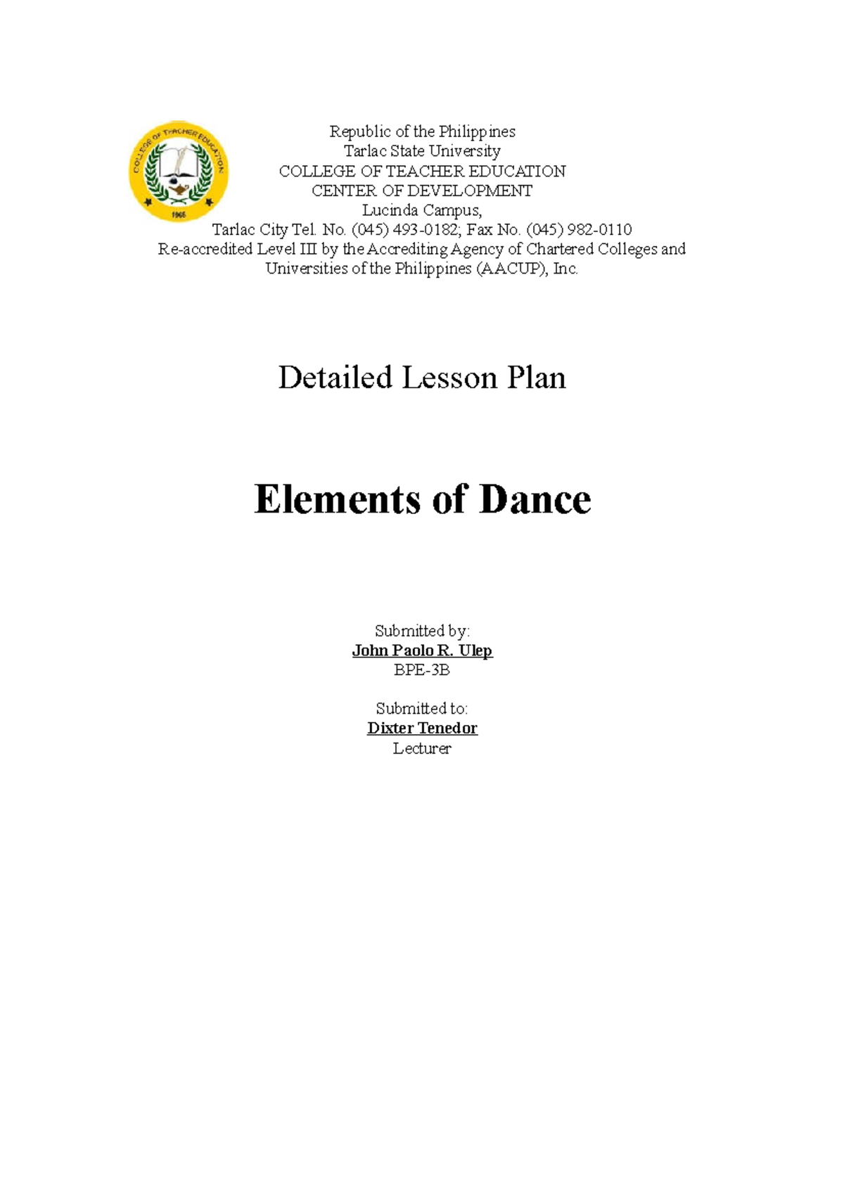 Lesson Plan: Elements of Dance (P.E. and Health Module) - Studocu