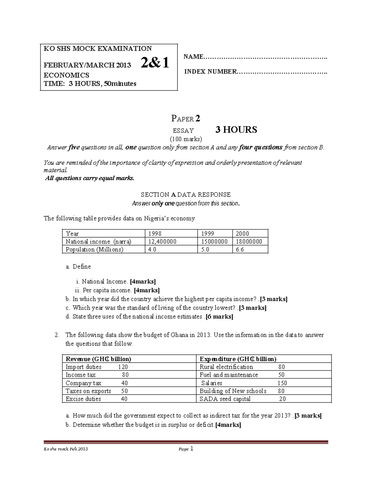KO SHS MOCK EXAMINATION 2013 ECONOMICS - FEBRUARY PAPER - Studocu