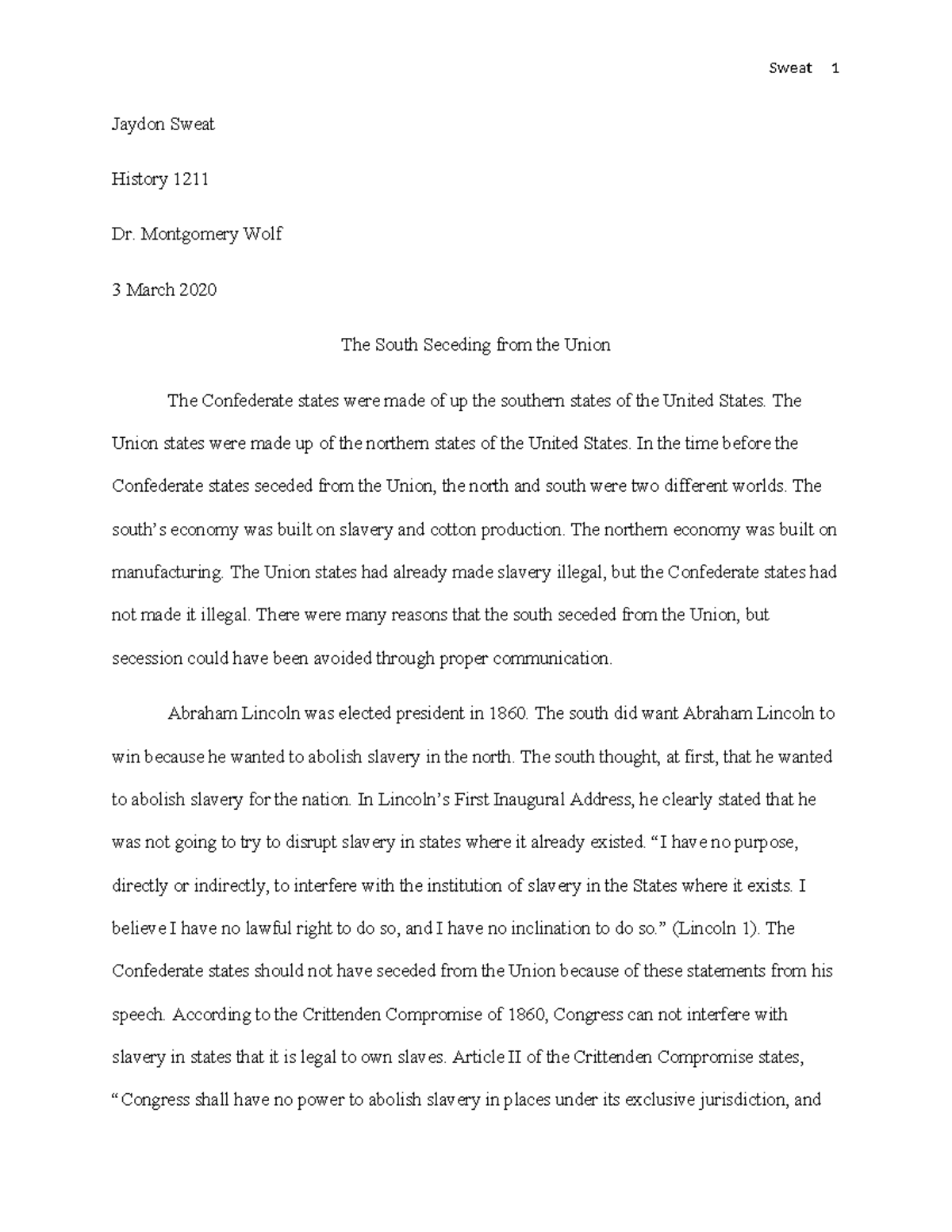 History 1211 Essay: The South's Secession from the Union - Studocu