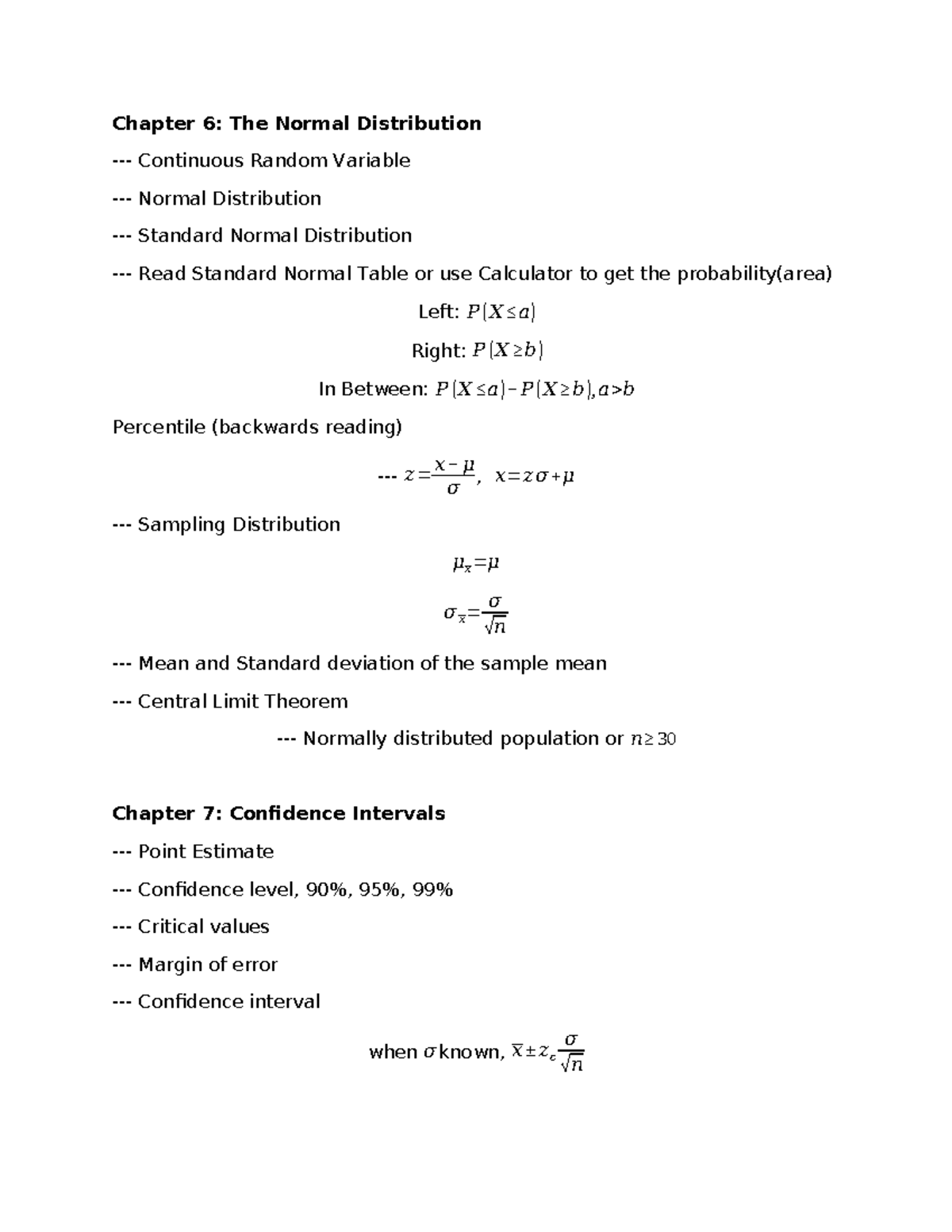 Chapter 6 & 7 Notes: Normal Distribution & Confidence Intervals ...
