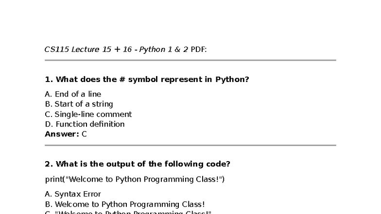 CS115 Lecture 15-20 Python MCQs and Answers - Studocu