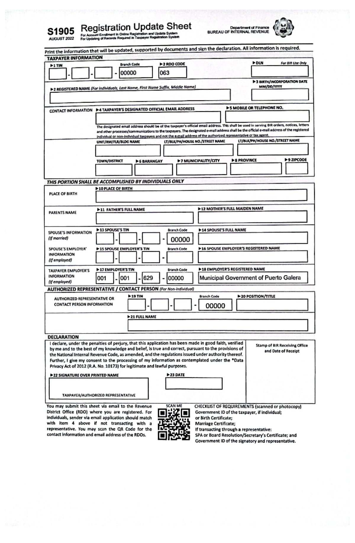 S1905 Taxpayer Registration Update Sheet - August 2022 Instructions ...