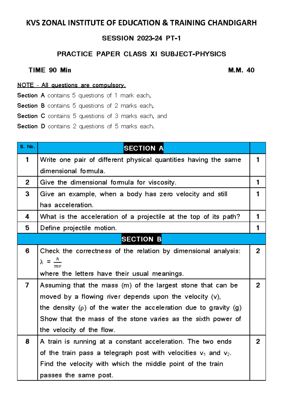 Practice Paper PT-1 Class XI Physics 2023-24 - Questions & Guidelines ...