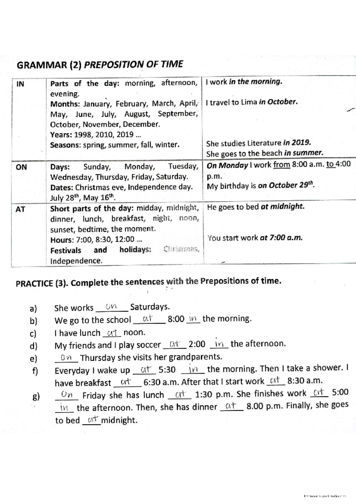 Preposition of Time: Grammar Notes and Practice (2) - Studocu