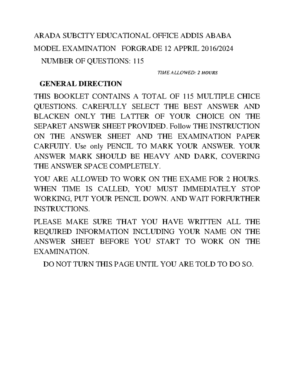 Arada Subcity Grade 12 Geography Model Exam - April 2016 - Studocu