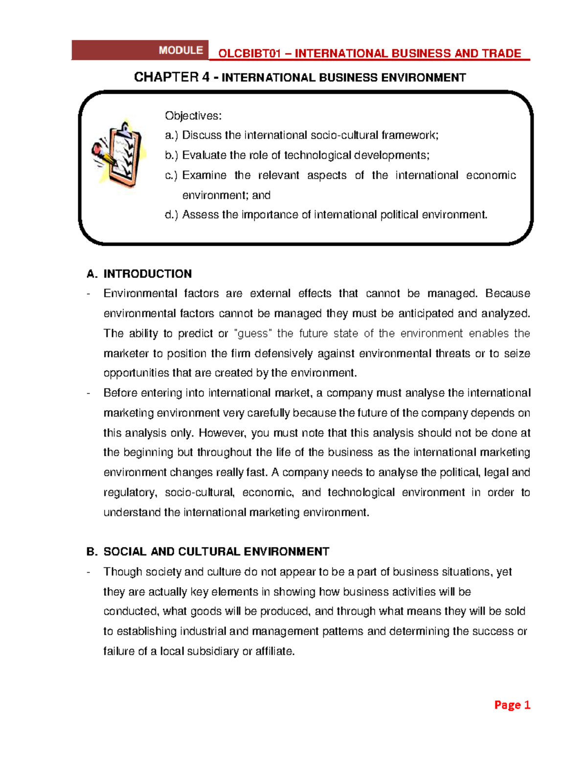 OLCBIBT01 INTERNATIONAL BUSINESS AND TRADE CHAPTER 4: ENVIRONMENTAL ...