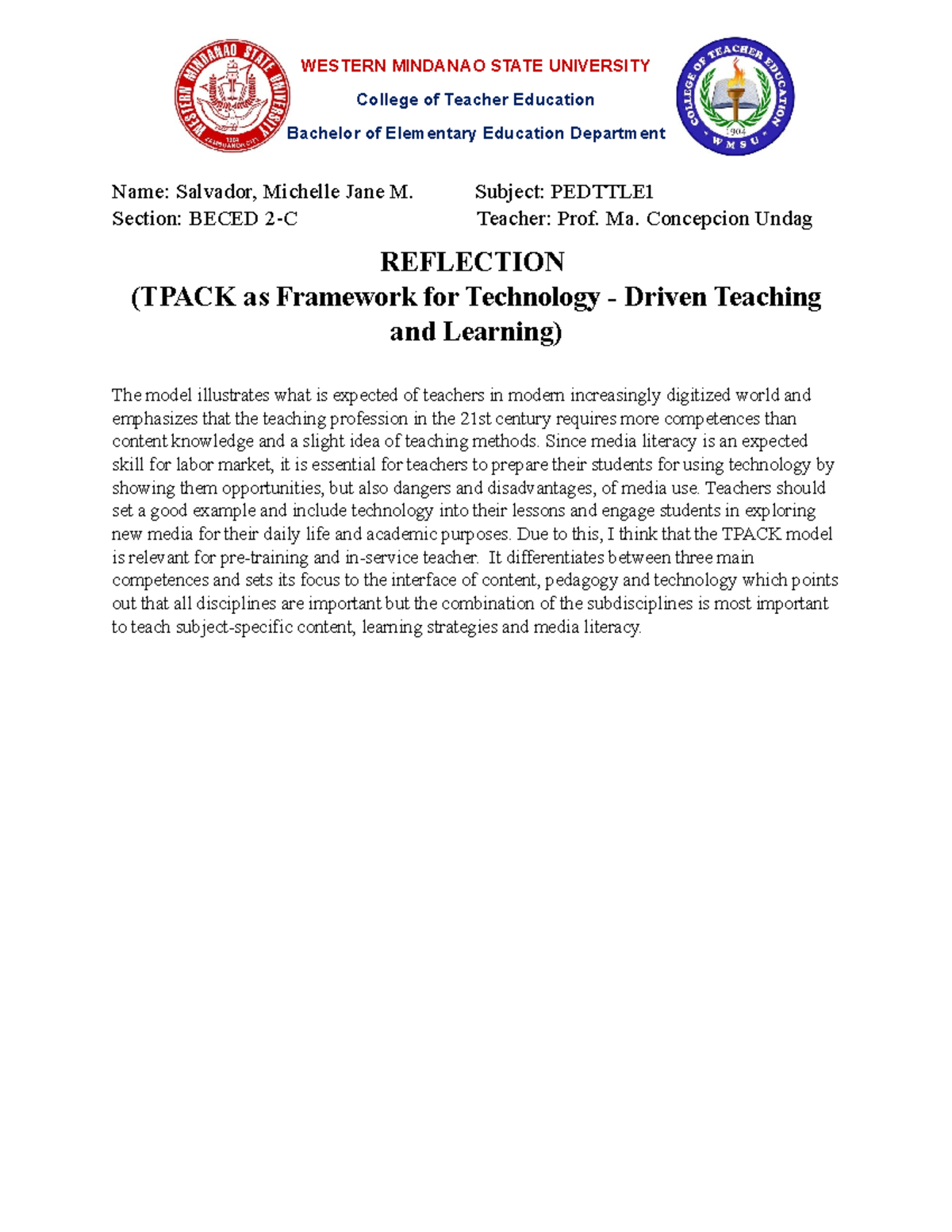 Reflection Tpack as Framework for Technology - Driven Teaching and ...