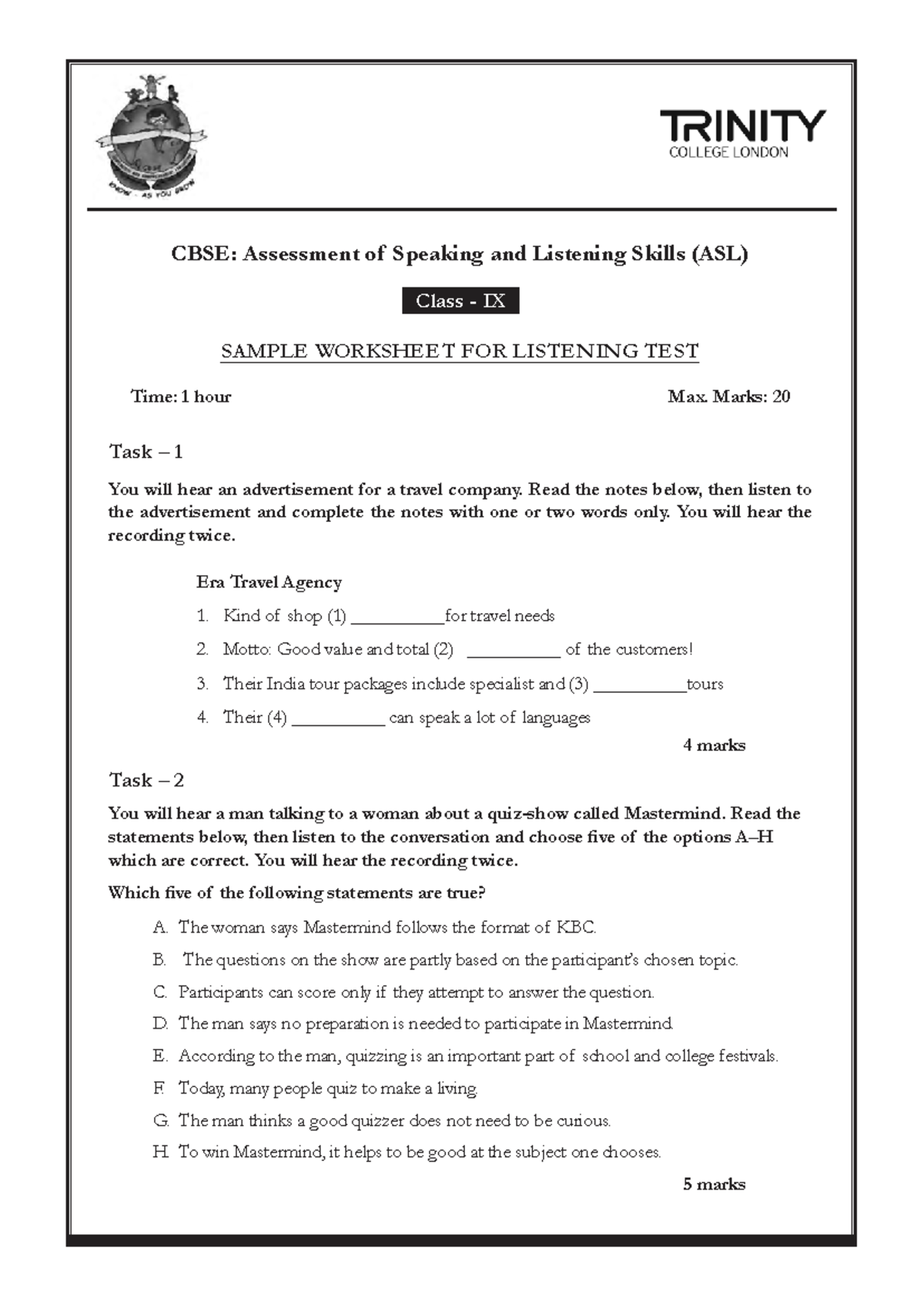 CBSE: Sample Listening Test Worksheet for Class IX - Studocu