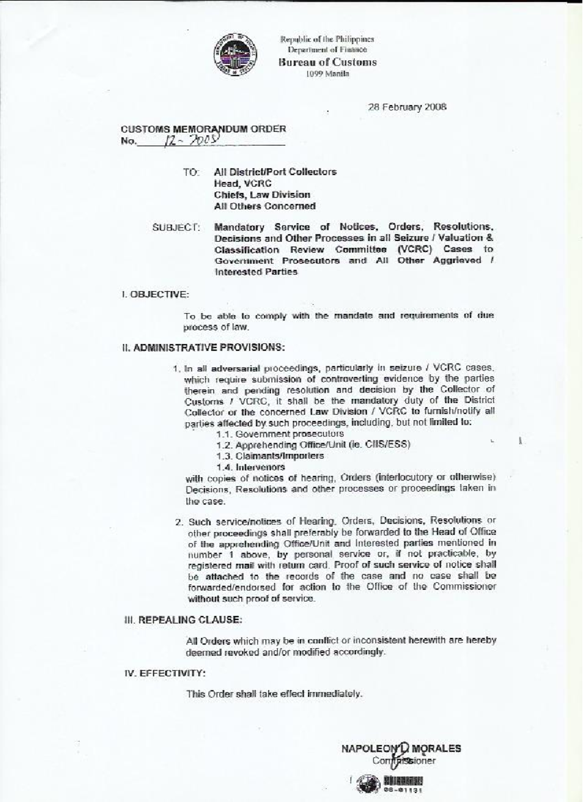 CMO-12-2008 - Mandatory Notice Service in VCRC Cases - Studocu