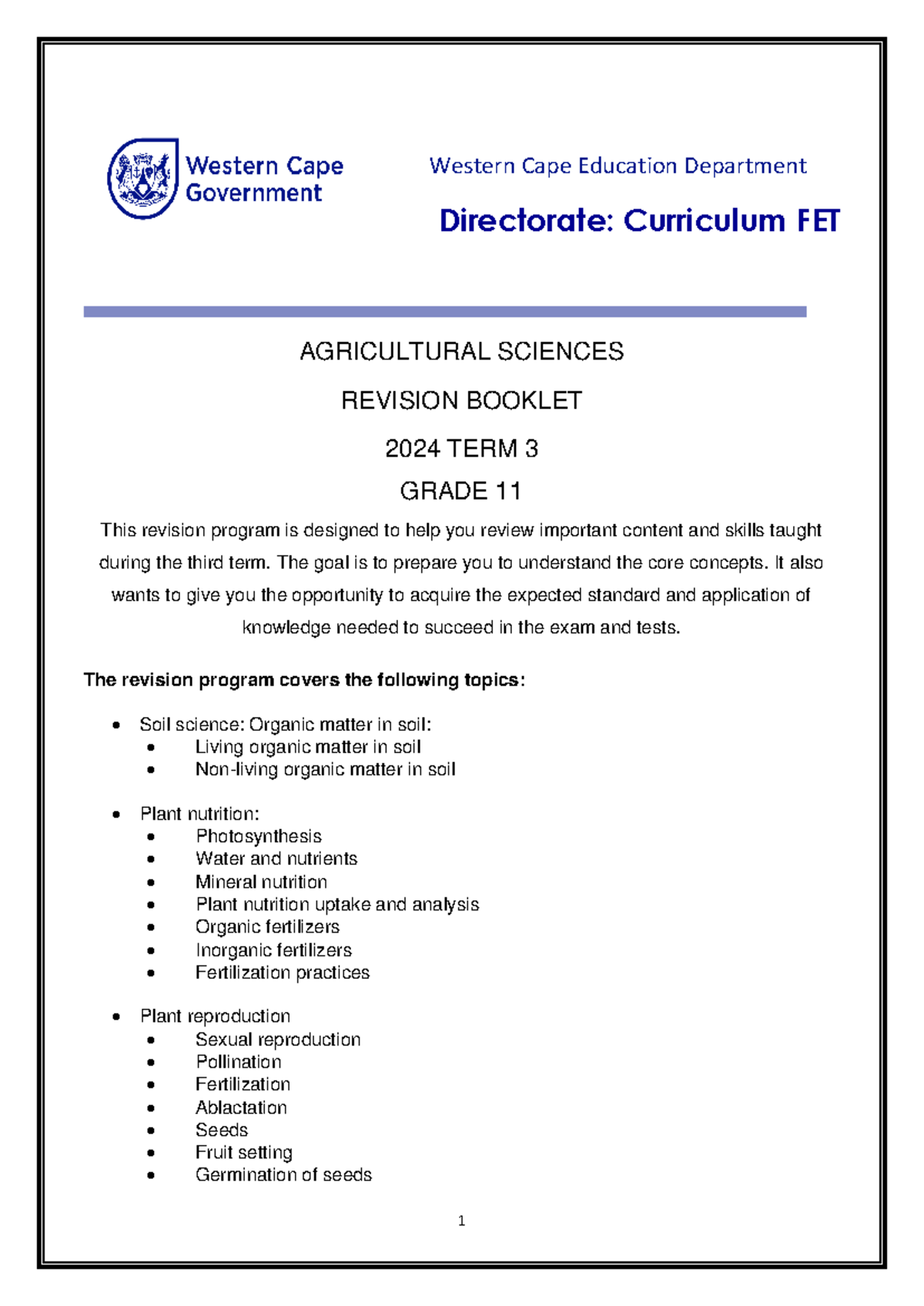 Agricultural Sciences Revision Notes T3: Grade 11 Overview 2024 - Studocu