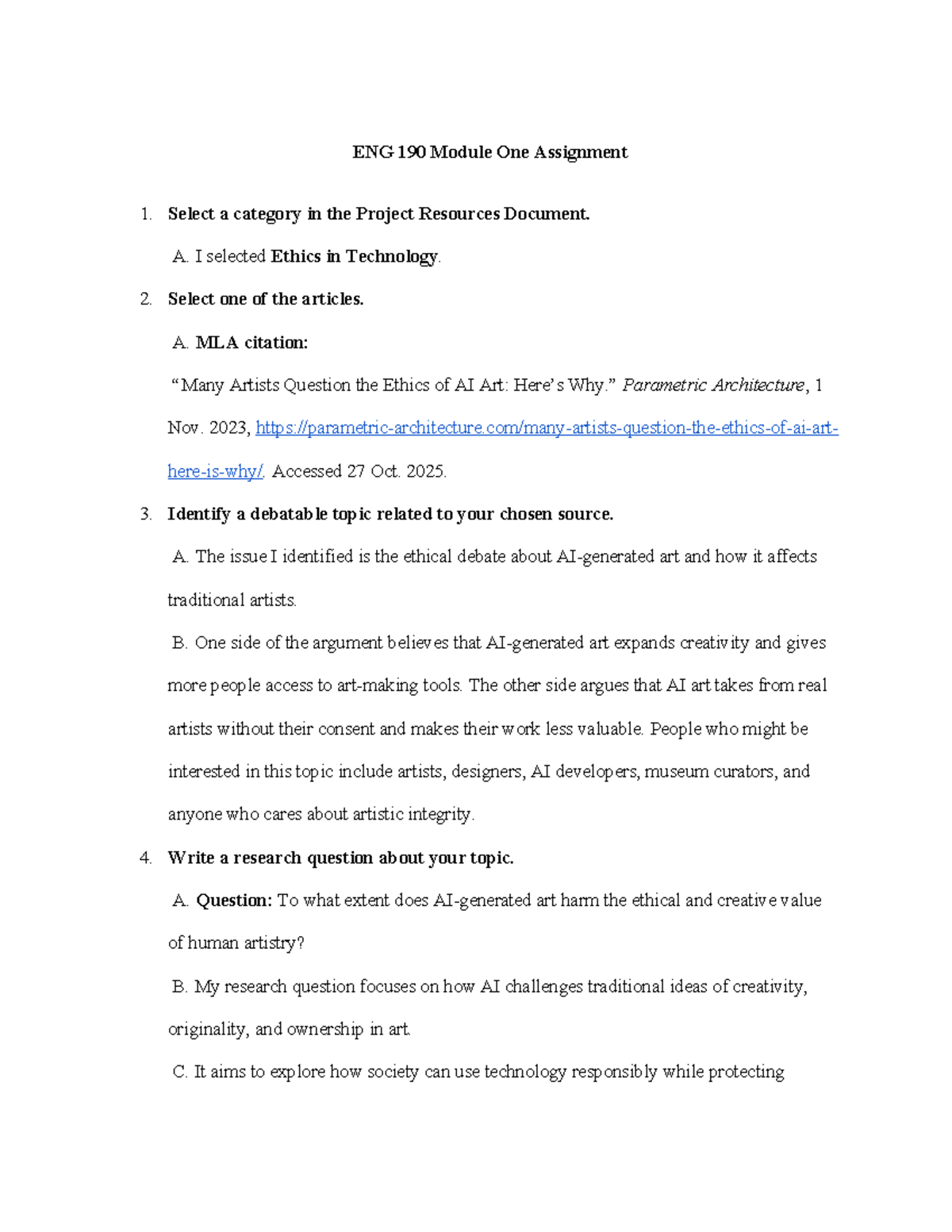 ENG 190 Module 1 Assignment: Ethics in AI Art Debate - Studocu