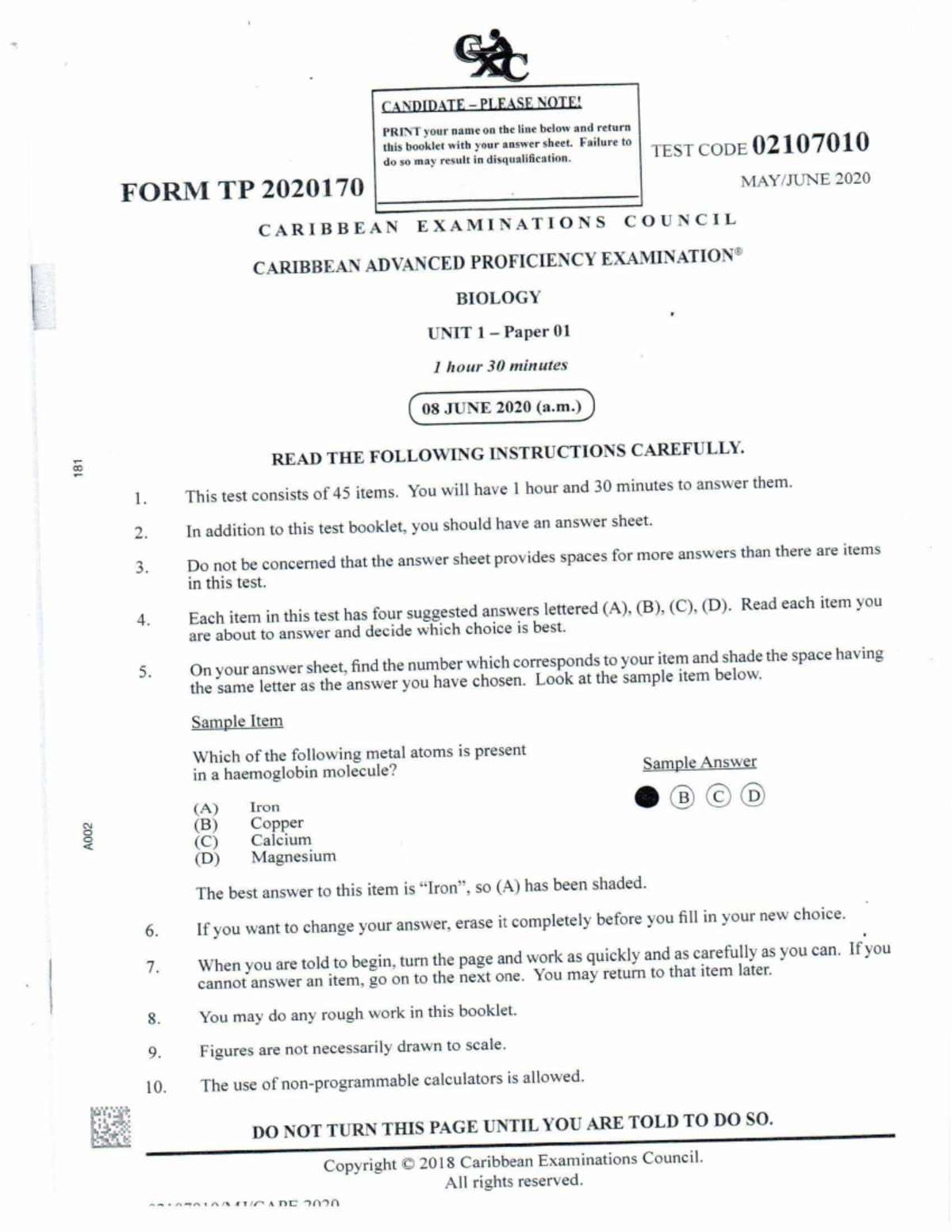 CAPE Biology Unit 1 Paper 01 Exam Instructions and Questions 2020 - Studocu