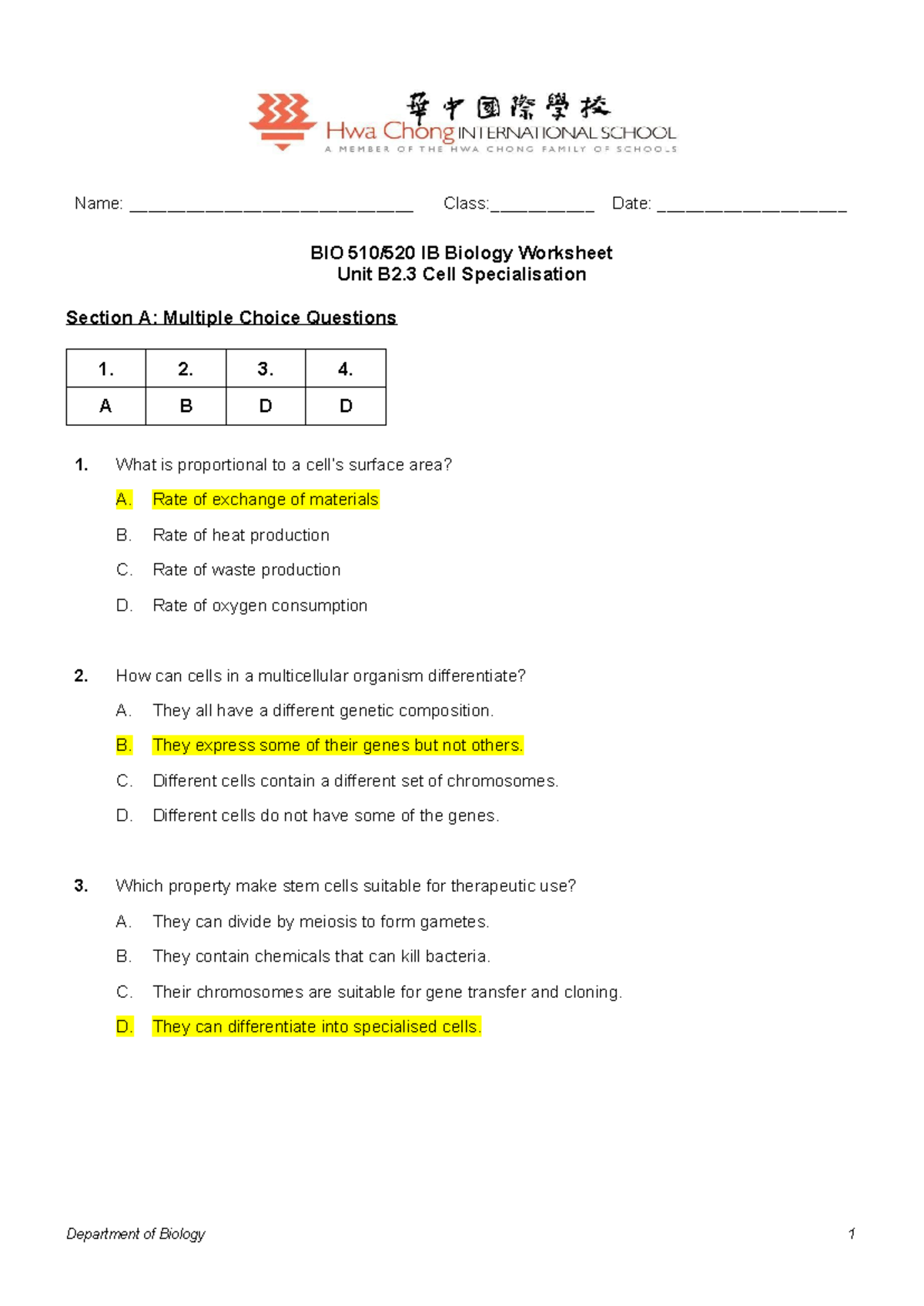 BIO IB Biology Worksheet B2.3: Cell Specialisation MCQs & Notes - Studocu