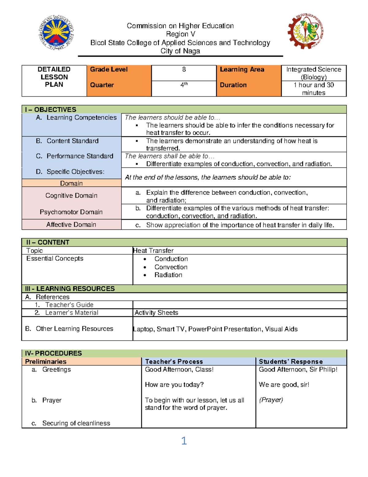 Detailed Lesson Plan on Heat Transfer for Grade 8 - Integrated Science ...