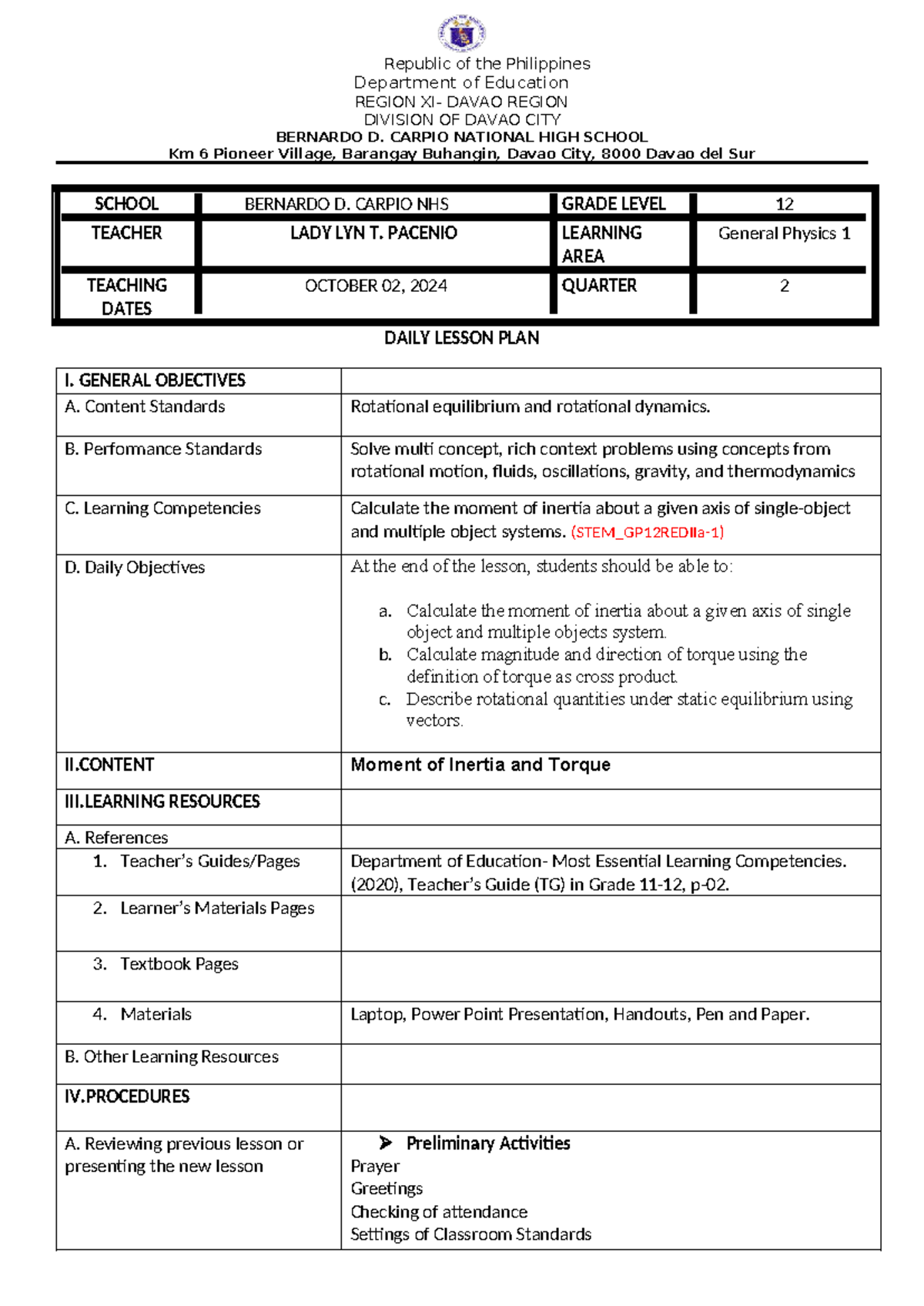 DLP G12 Physics 1 - Lesson Plan on Moment of Inertia and Torque - Studocu
