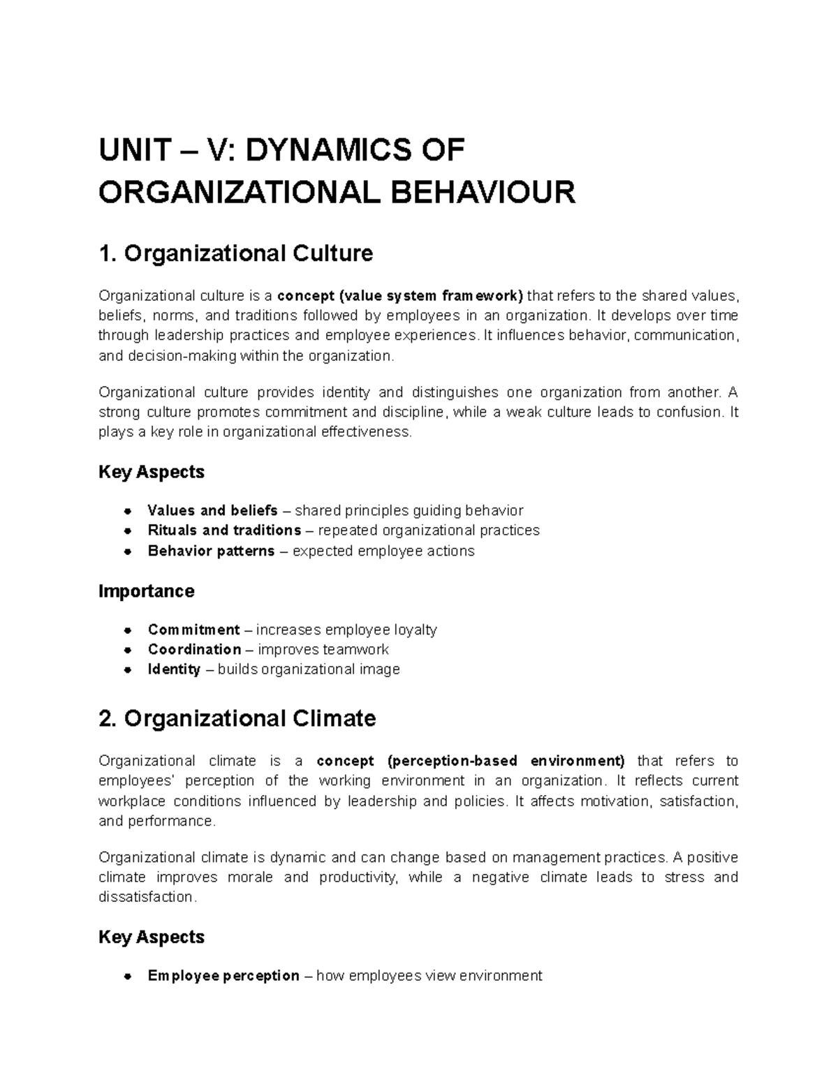 OB 101: Unit V - Dynamics of Organizational Behaviour Notes - Studocu