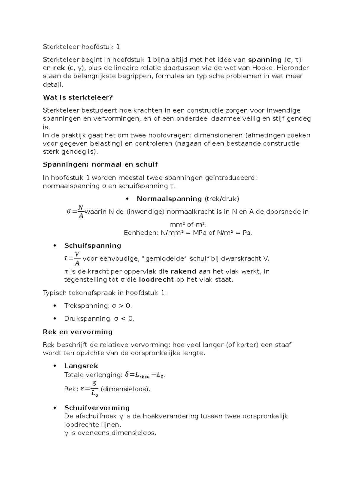 Sterkteleer Hoofdstuk 1: Spanning en Rek volgens de Wet van Hooke ...