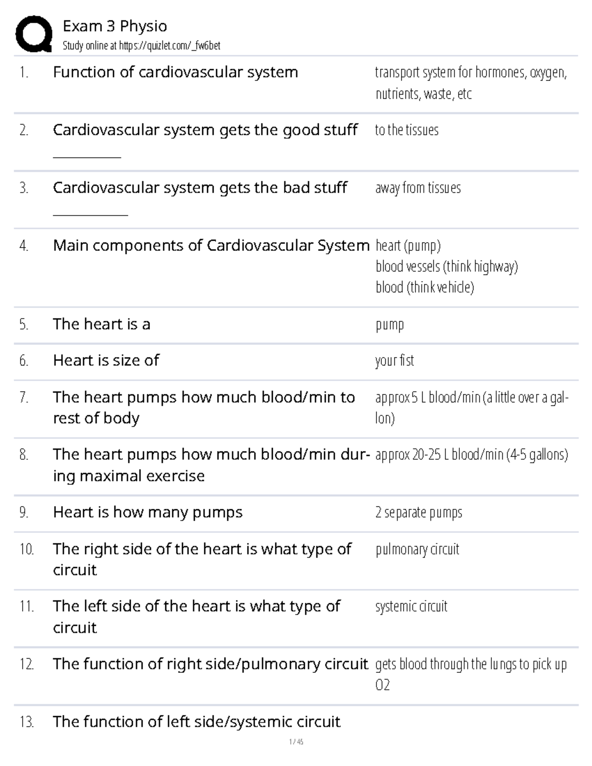 Physiology Exam 3: Cardiovascular System Overview and Key Concepts - Studocu