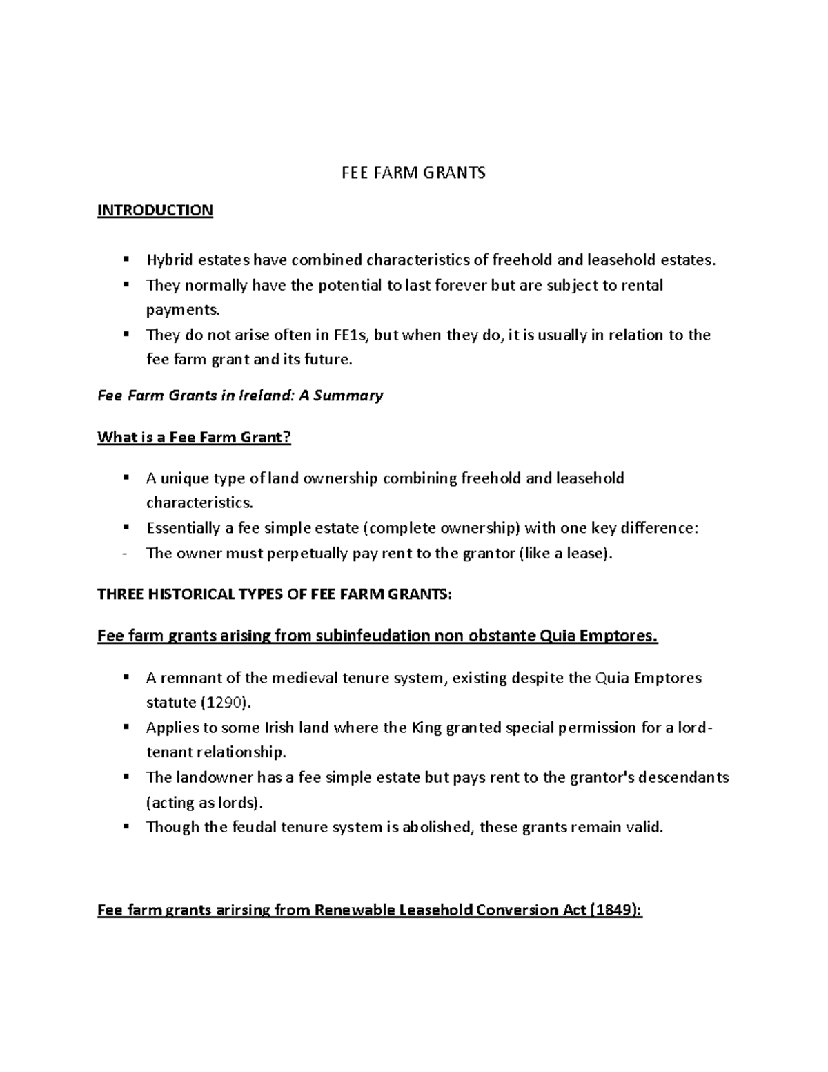 FEE FARM GRANTS: An Overview of Hybrid Estates in Irish Law - Studocu