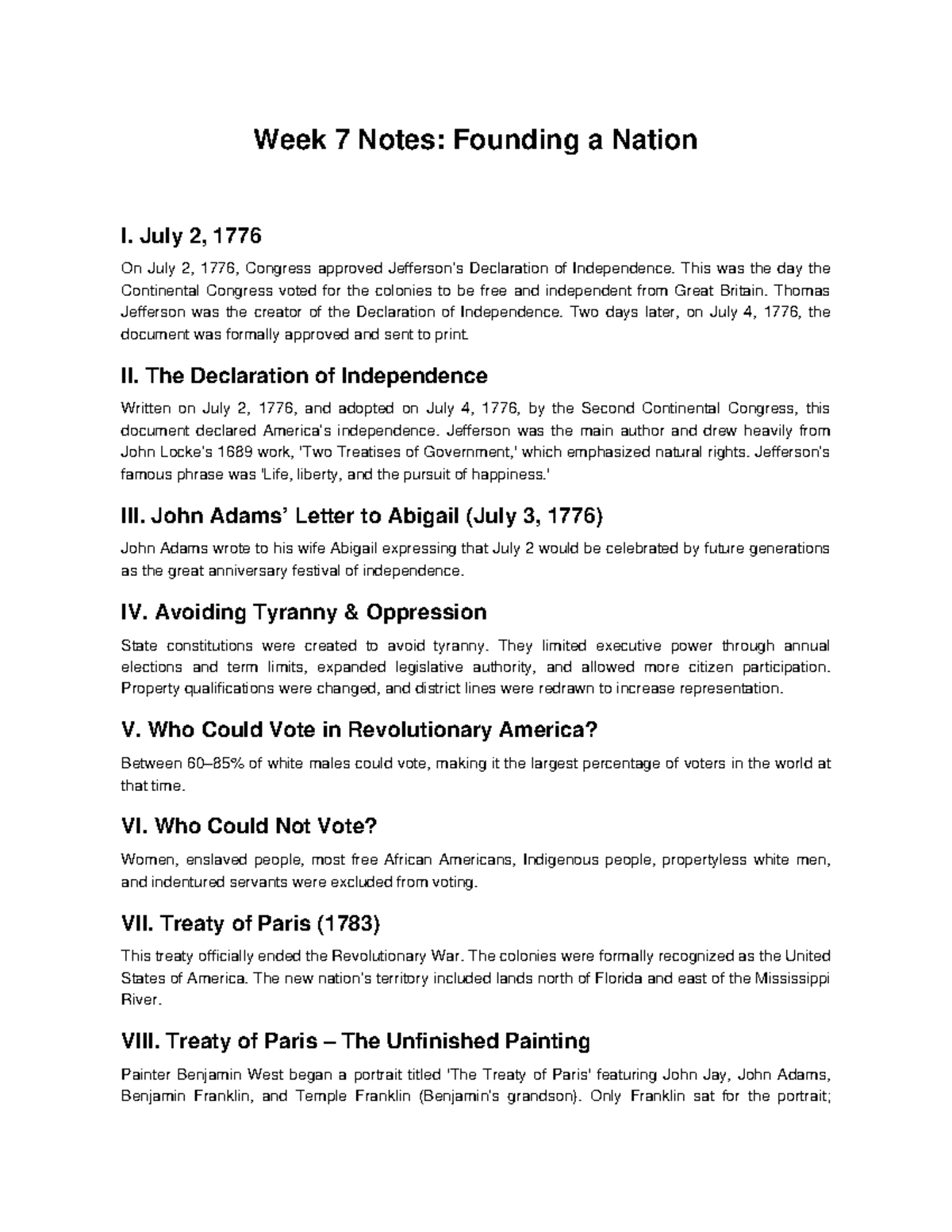 Week 7 Notes: Founding a Nation I - July 2, 1776 - Studocu