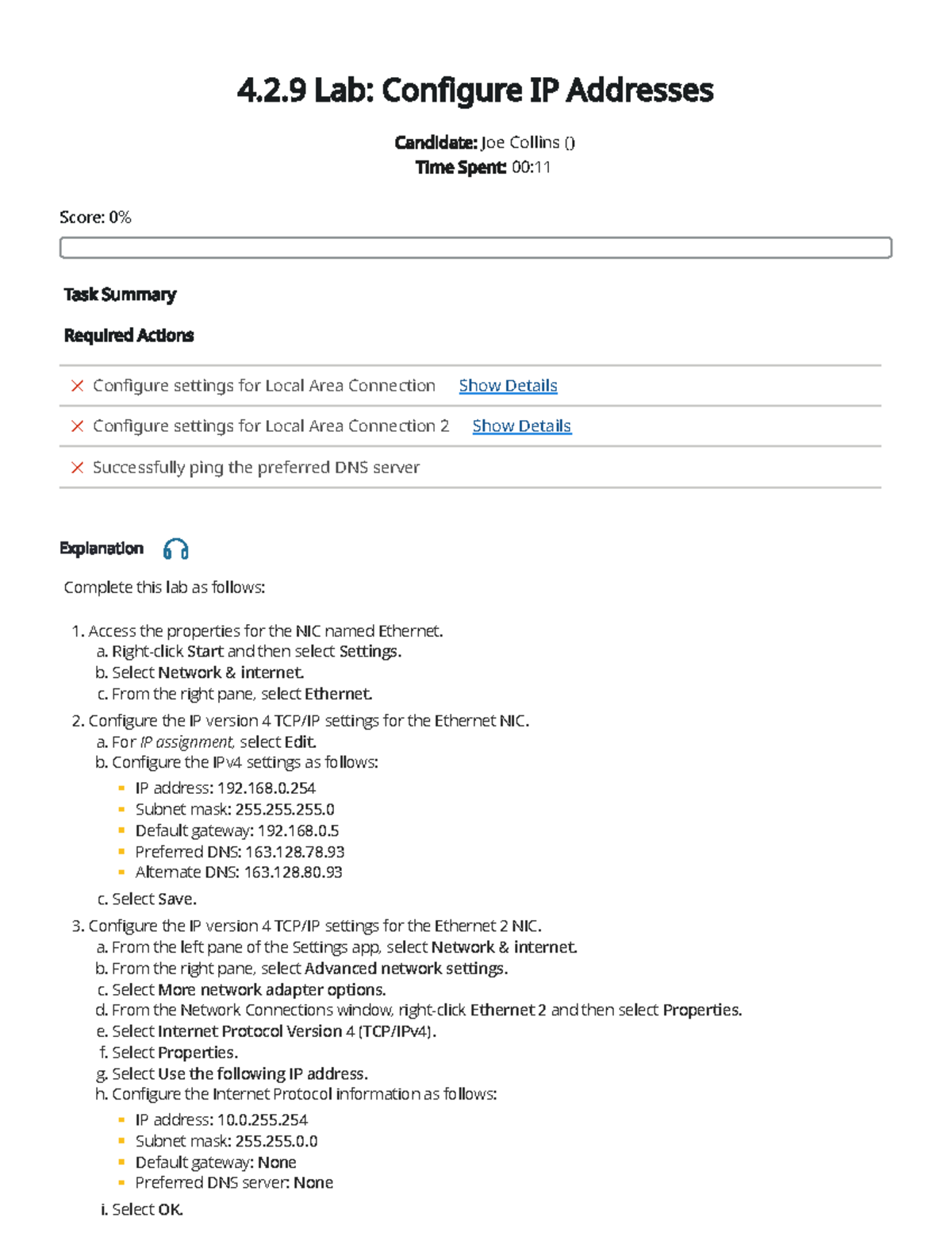 Configure IP Assresses - 4.2 Lab: Con gure IP Addresses Candidate: Joe ...