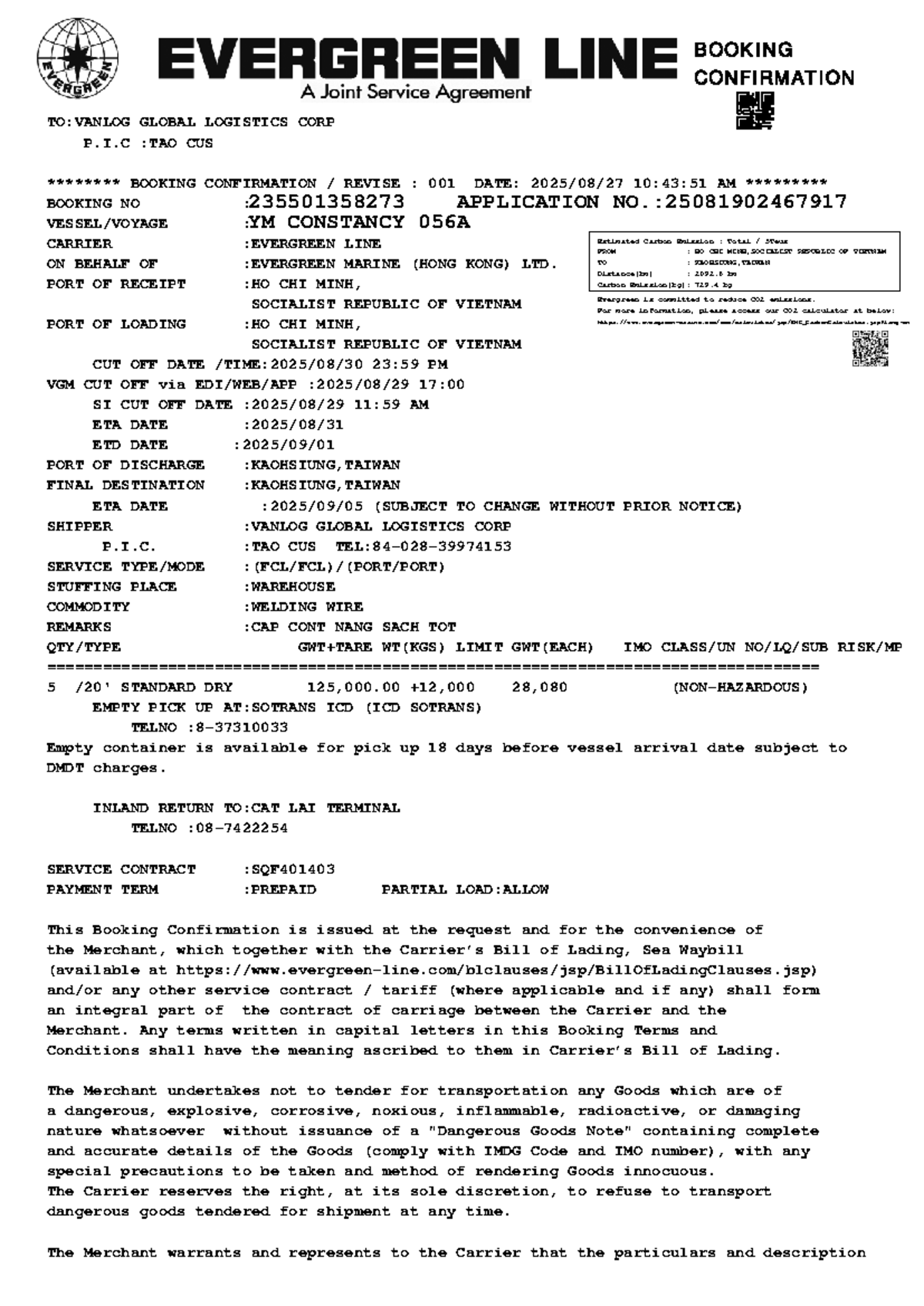 Booking Confirmation: EMC KHH 235501358273 for Vanlog Global Logistics ...