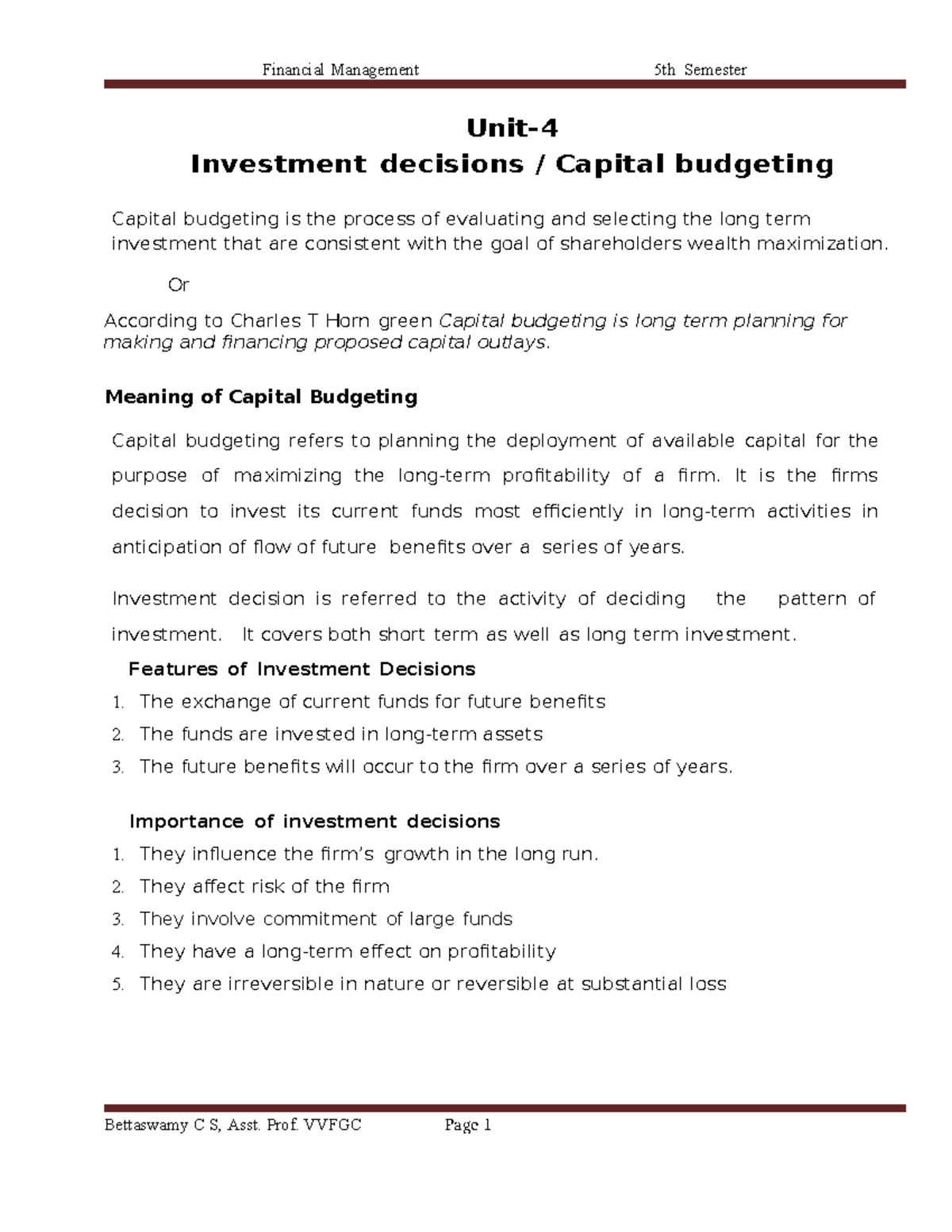 Financial Management 5th Semester: Investment Decisions & Capital ...