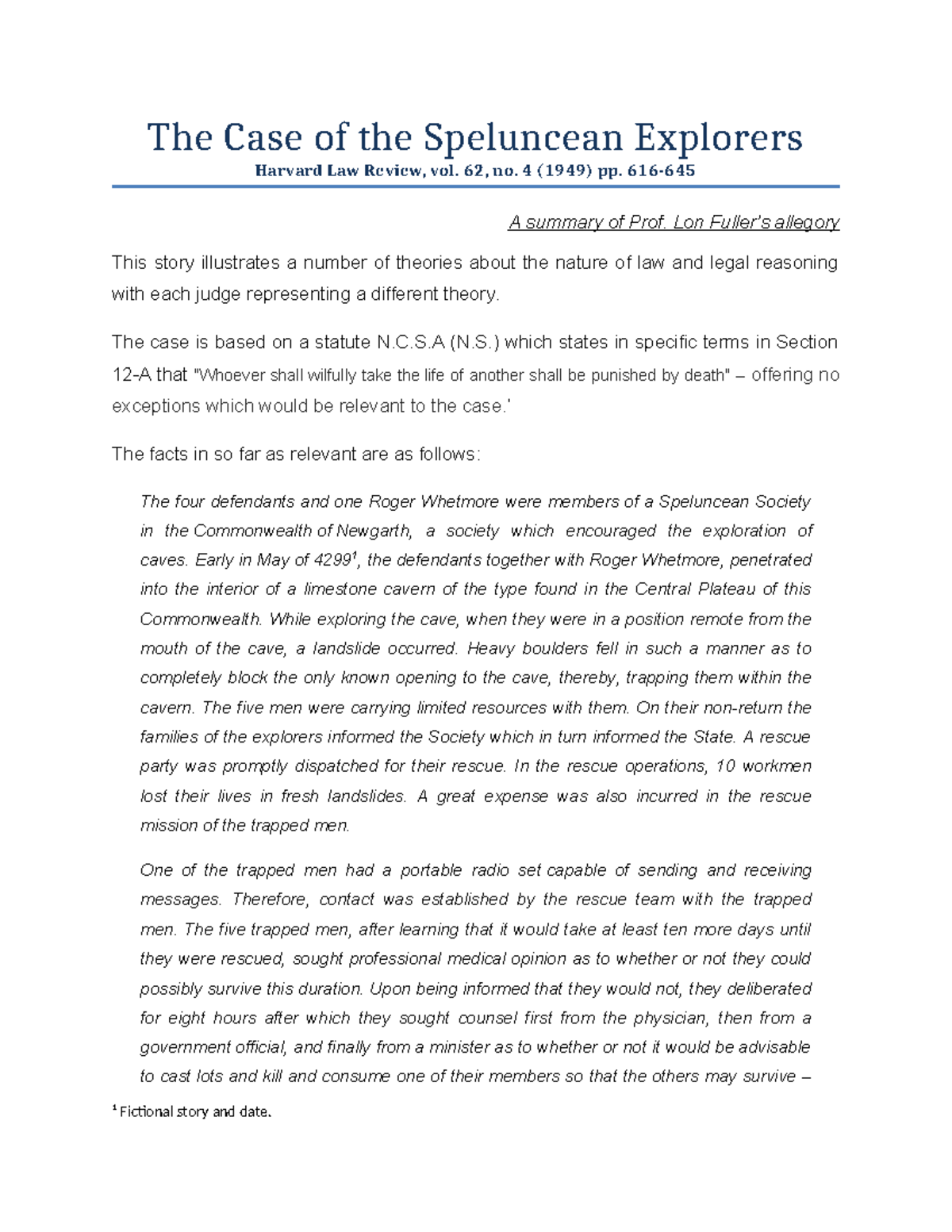 The Case of the Speluncean Explorers: A Summary of Legal Theories - Studocu