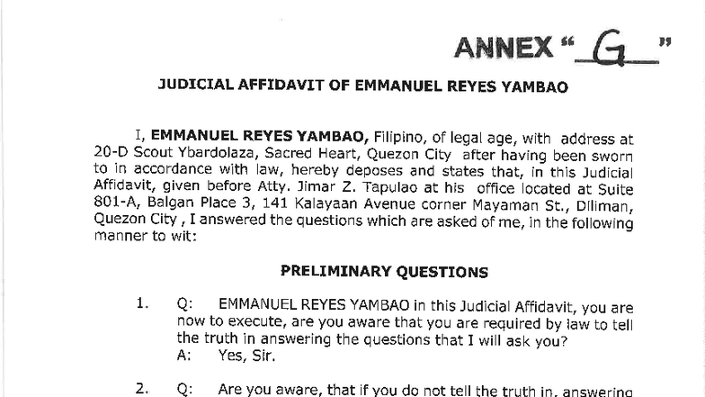 Annex G: Judicial Affidavit of Emmanuel Reyes Yambao - Studocu
