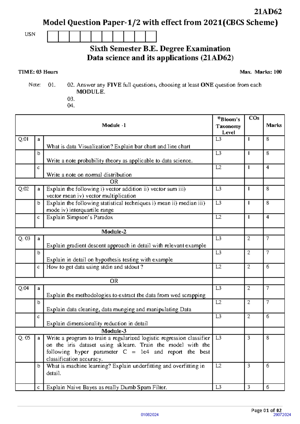 21AD62 model paper - 21AD Page 01 of 02 Model Question Paper-1/2 with ...