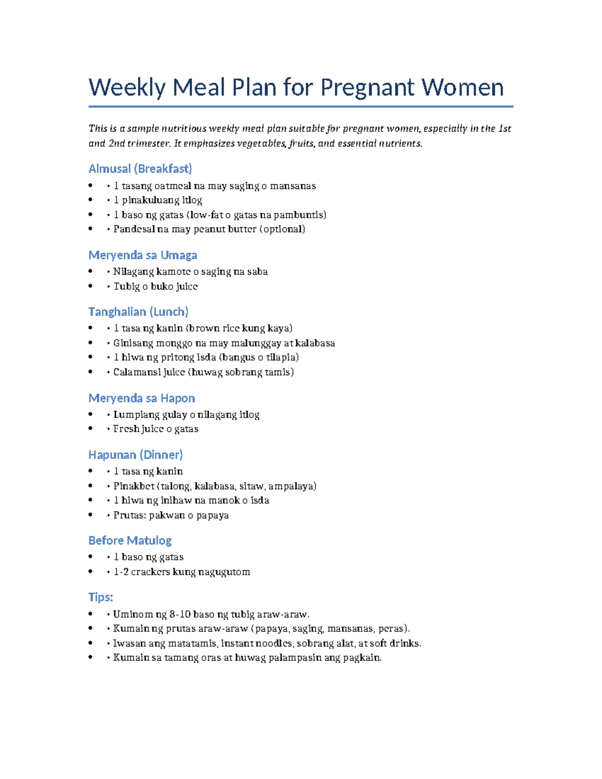 Weekly Meal Plan for Pregnant Women: 1st & 2nd Trimester - Studocu