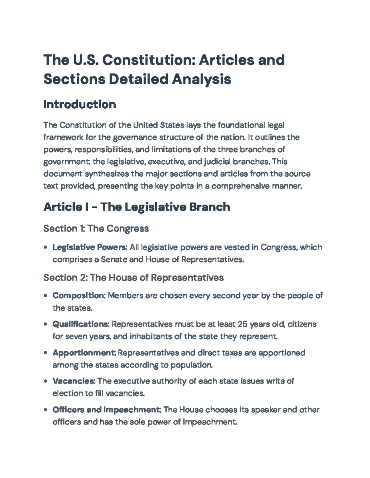 Detailed Analysis of Article I: Legislative Branch of the U.S ...