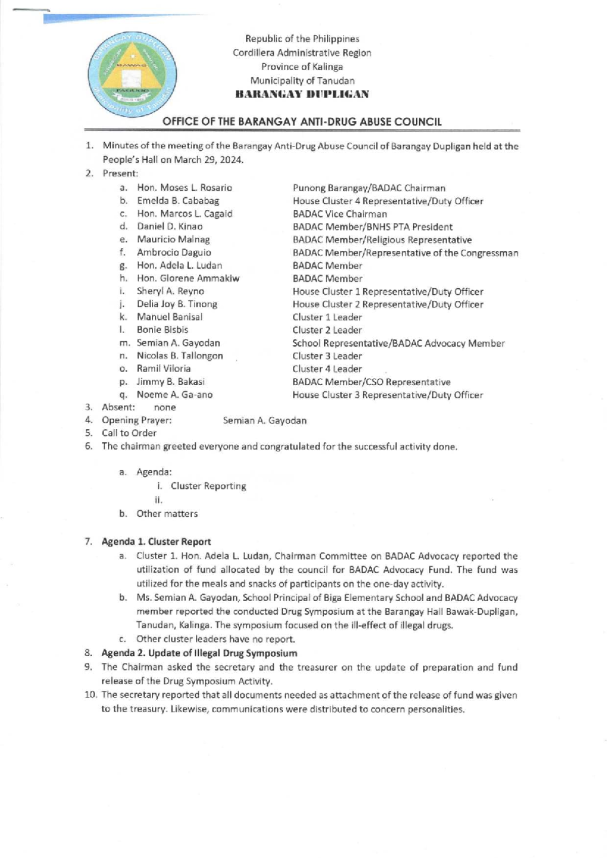 BADAC Meeting Minutes - Barangay Dupligan - March 29, 2024 - Studocu