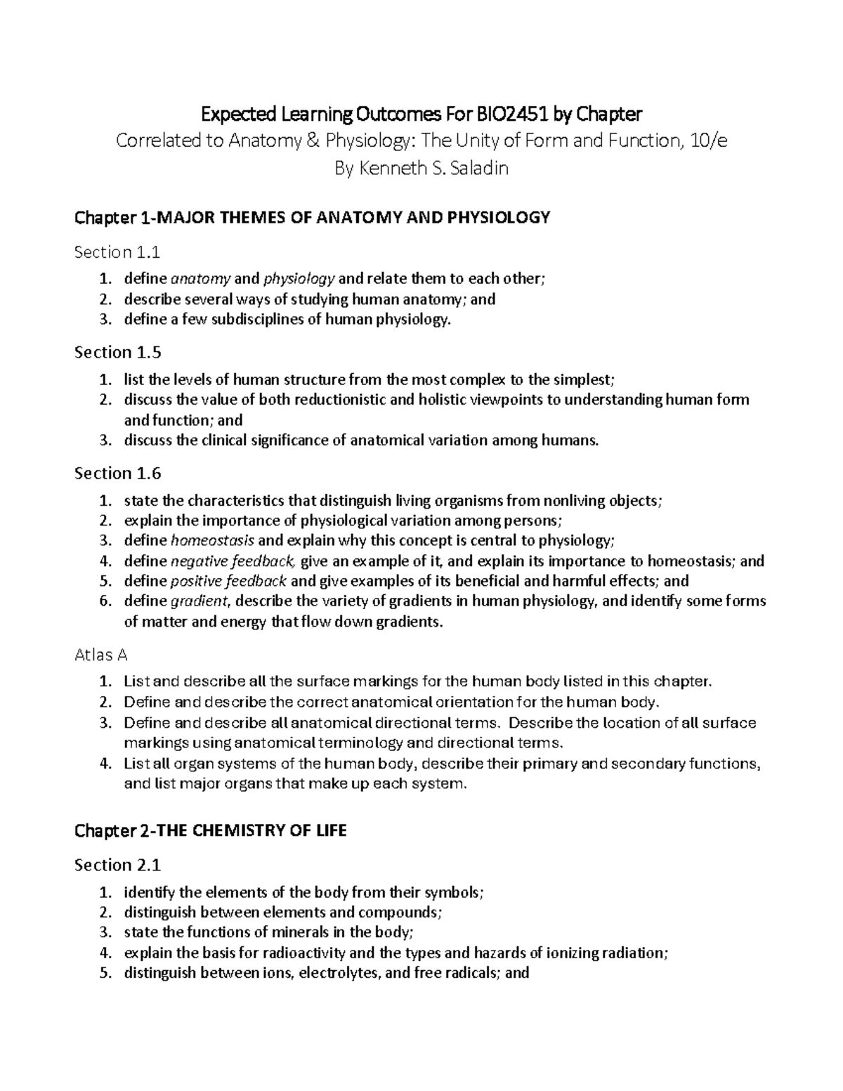 BIO2451 Expected Learning Outcomes: Anatomy & Physiology Overview - Studocu