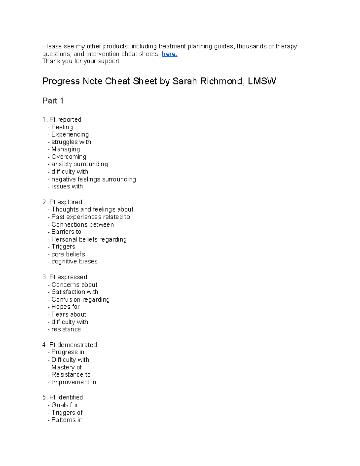 Progress Note Cheat Sheet: Therapy Documentation Phrases (Part 1) - Studocu