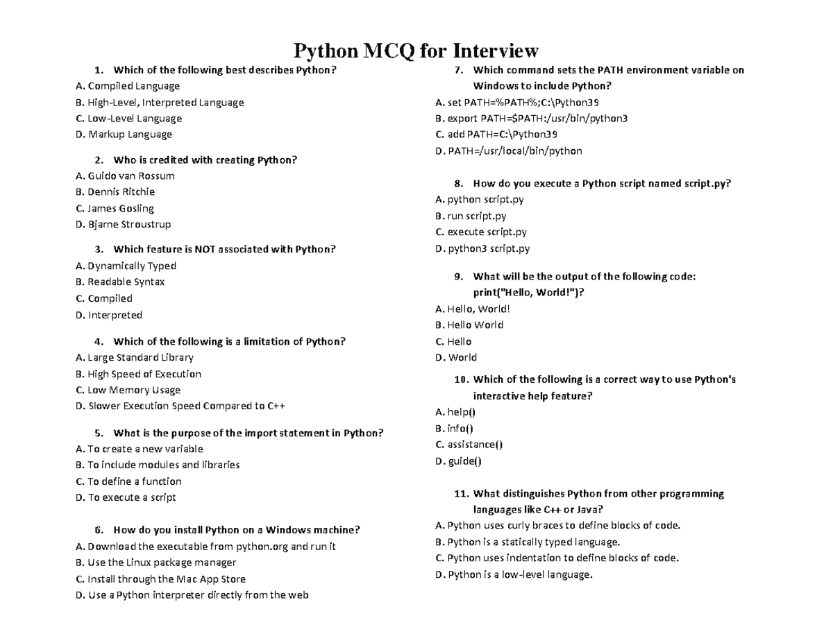 Python MCQ for Interview - Comprehensive Guide - Studocu
