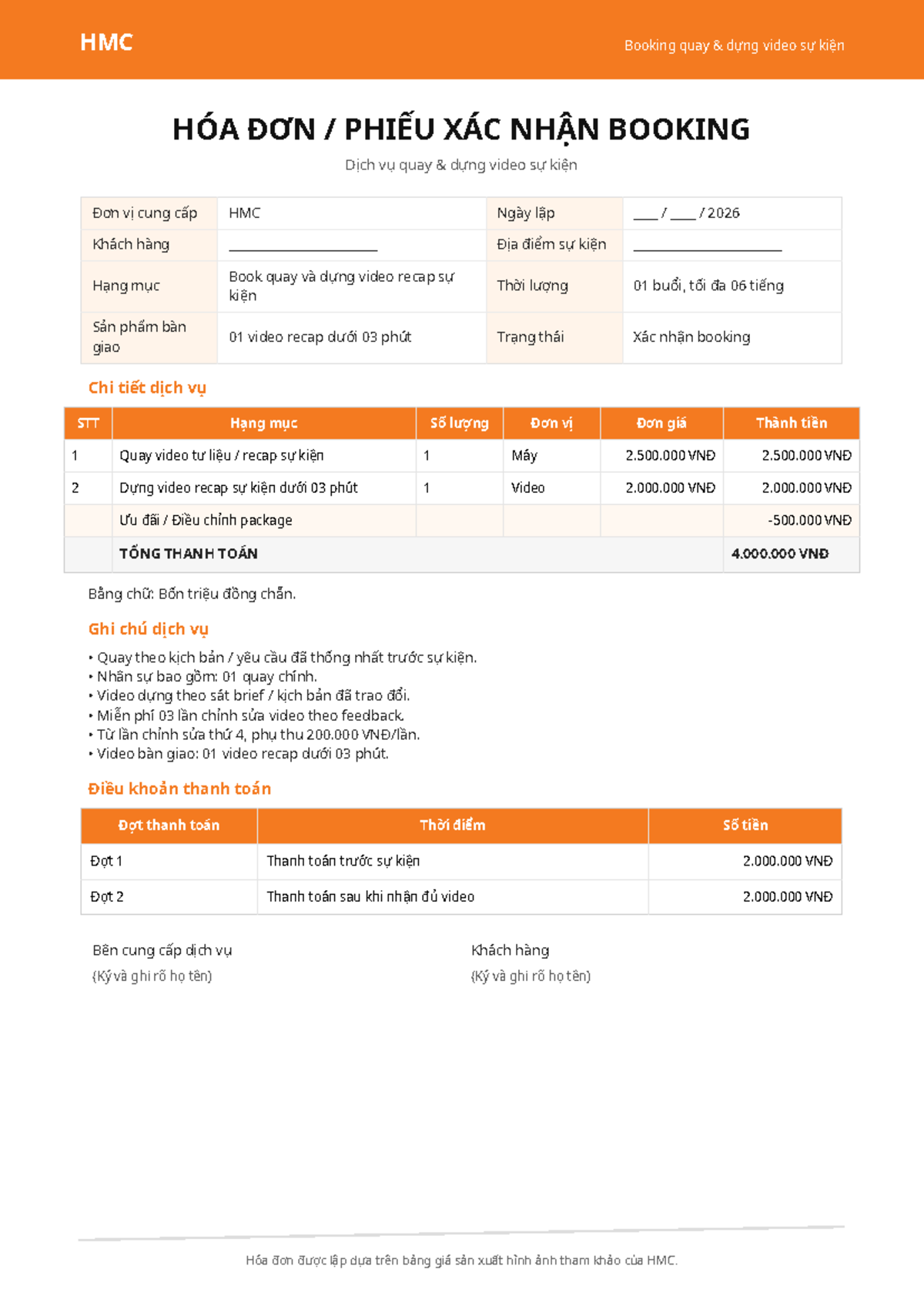 Hóa Đơn Xác Nhận Booking Dịch Vụ Quay Video HMC 4 Triệu VNĐ - Studocu