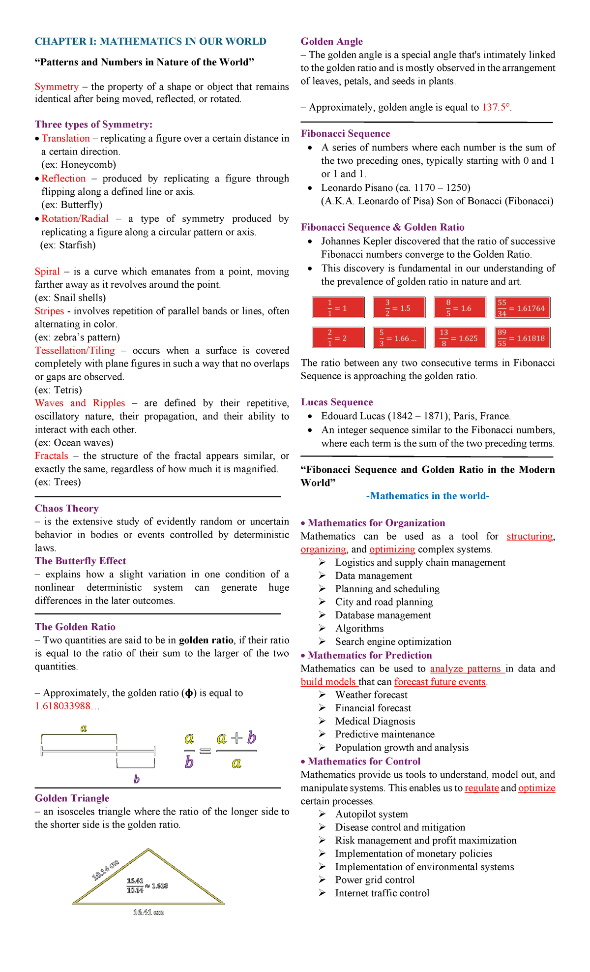 MMW 101: Mathematics in Our World - Chapter I Overview and Notes - Studocu