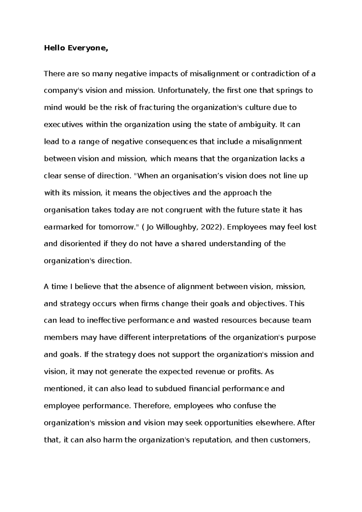 Impacts of Vision-Mission Misalignment: Discussion Forum Unit 5 - Studocu