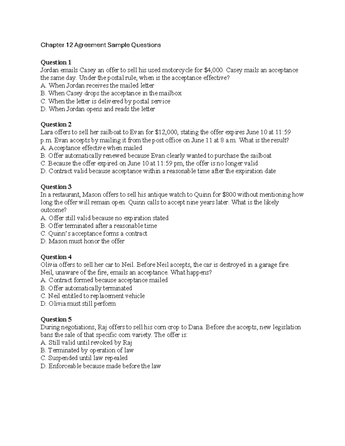 Chapter 12 Agreement Sample Questions and Answers - Studocu