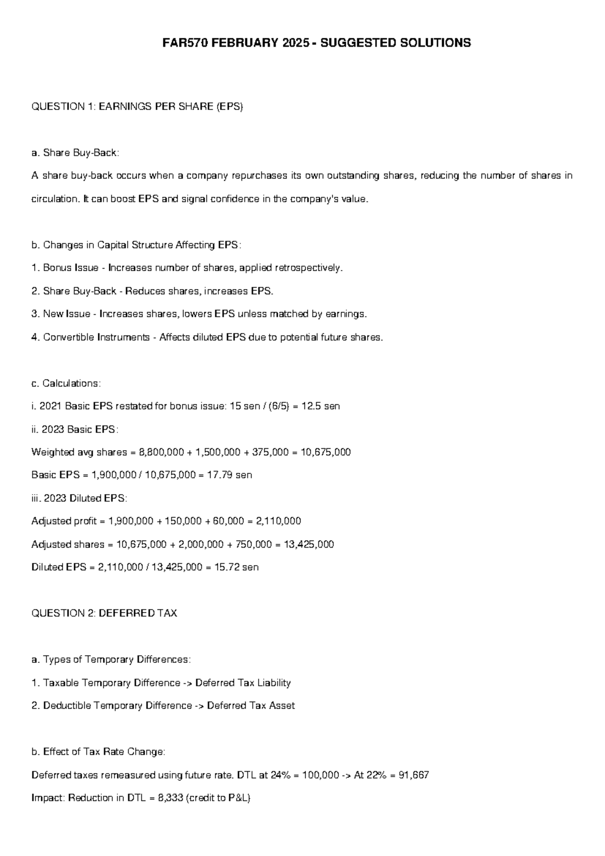 FAR570 FEB 2025 Suggested Solutions: EPS, Deferred Tax & Payments - Studocu