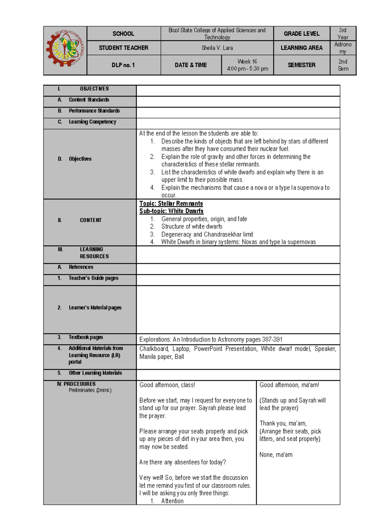 15.1 White Dwarf: Revised Lesson Plan for Astronomy Class - Studocu