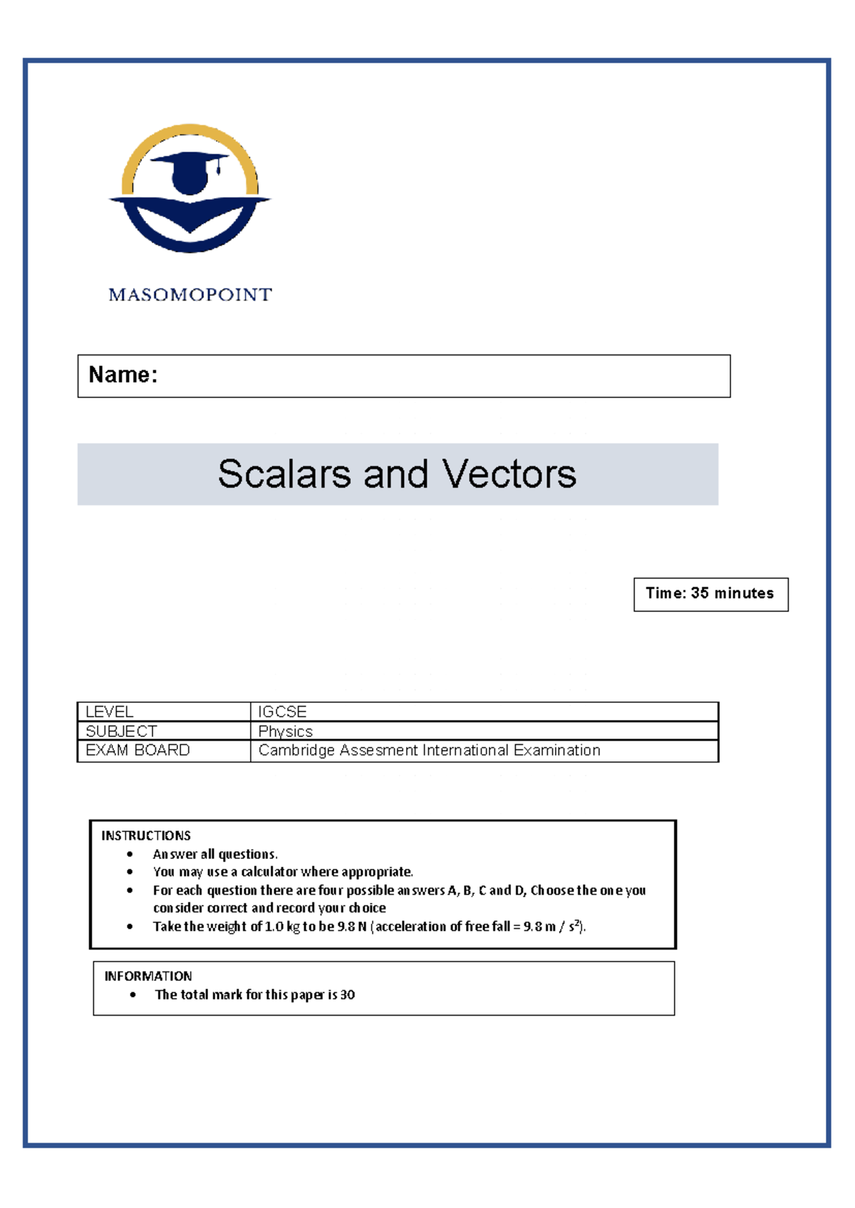 IGCSE Physics: Scalars and Vectors Quiz Paper (QP 1) - Studocu