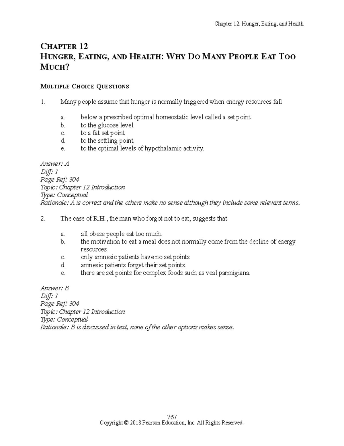 Ch12 tb - Test bank ch12 WITH EXPLANATIONS - CHAPTER 12 HUNGER, EATING ...