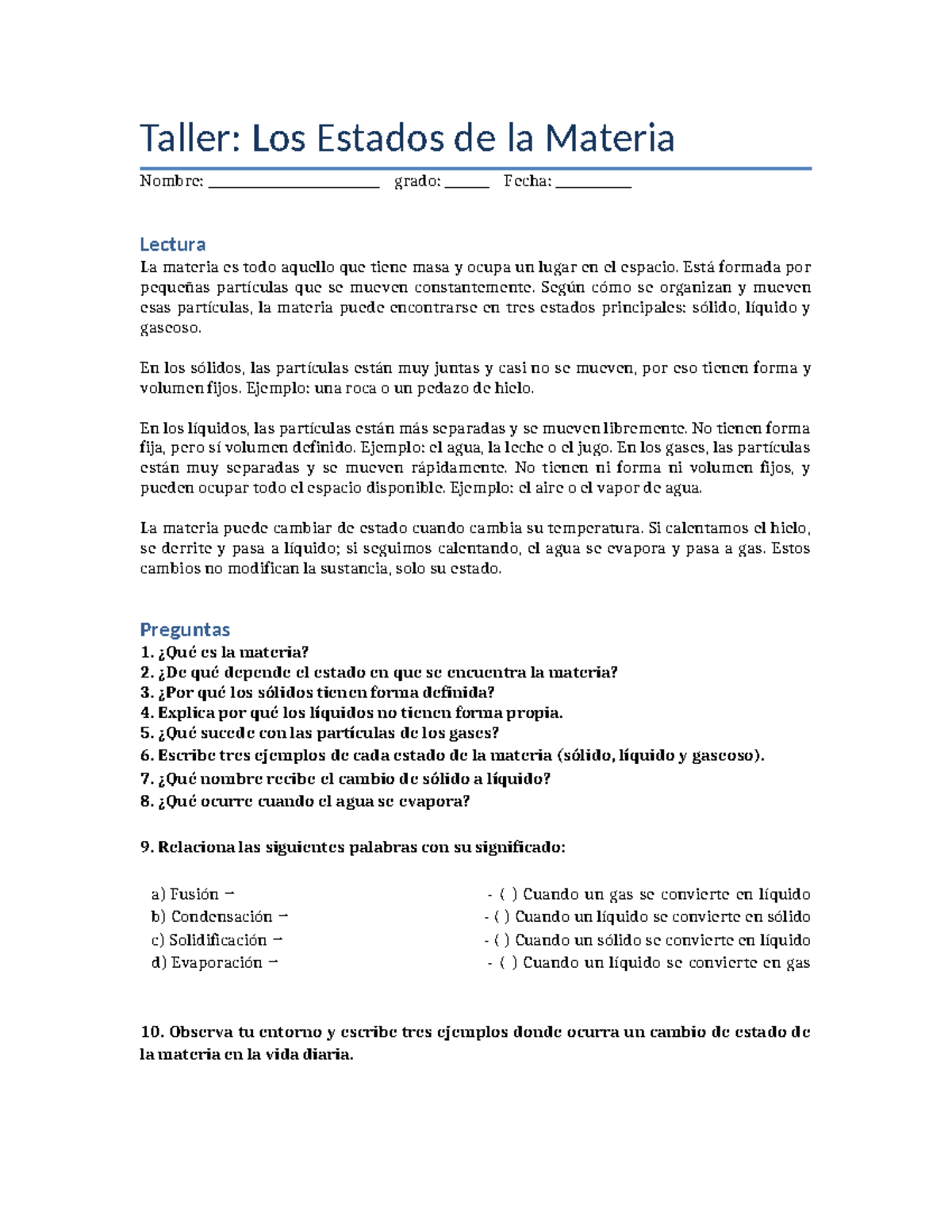 Taller: Estados de la Materia y Cambios de Estado - Studocu