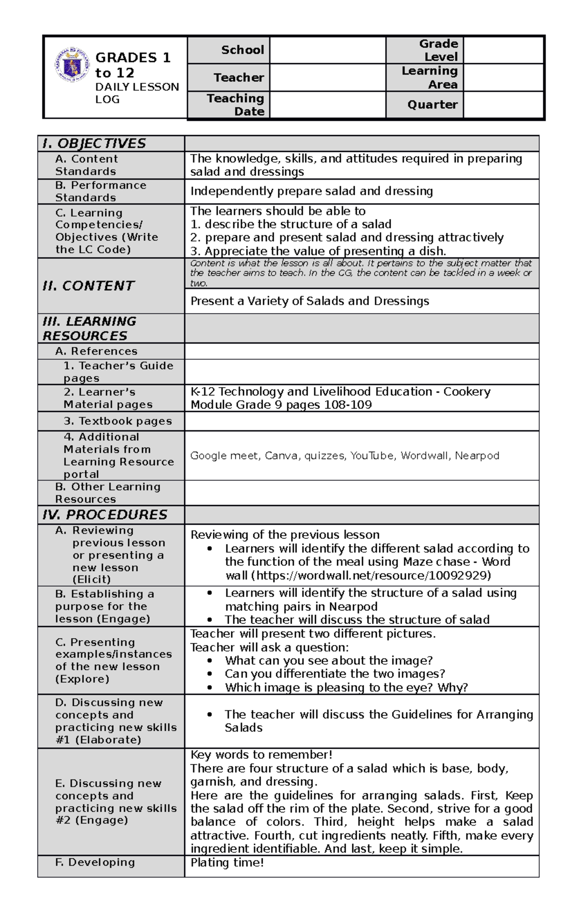 COT 1 - DLL - Preparing Salads and Dressings: Daily Lesson Log - Studocu