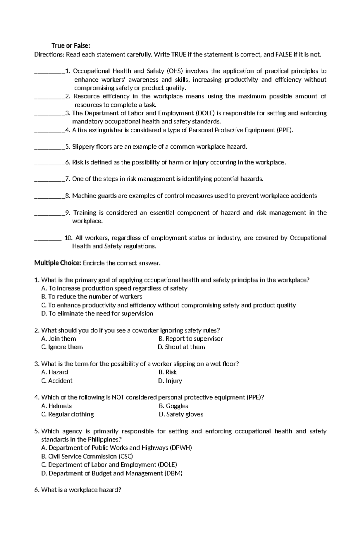 OHS Quiz: True or False & Multiple Choice Exam (TOS) - Studocu