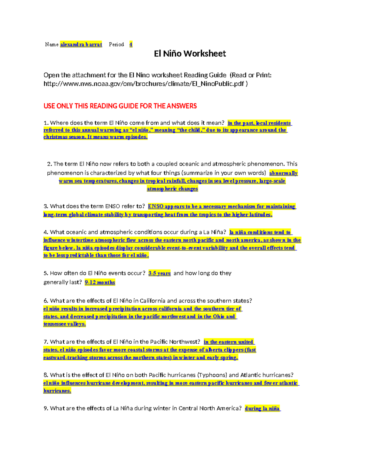 Copy of Day 24 El Nino Worksheet - Name alexandra barrat Period 4 El ...